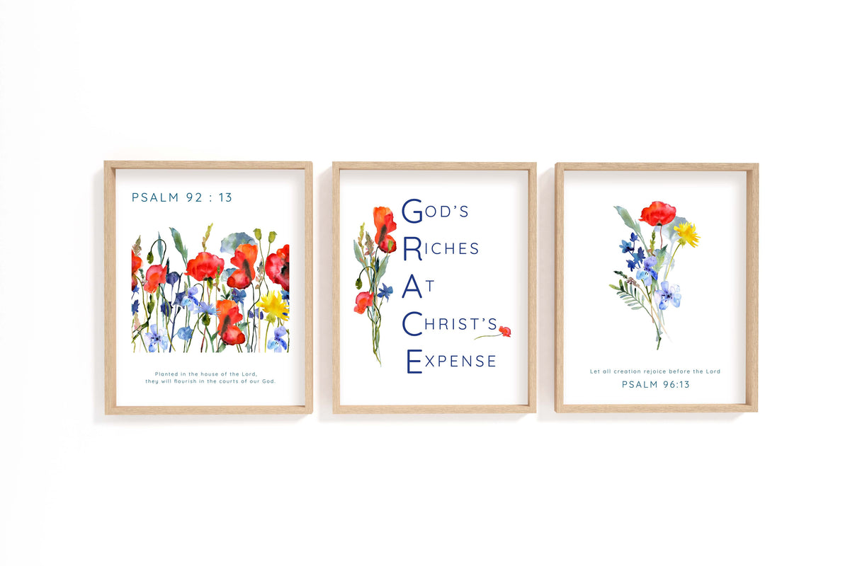 Wildflower Christian Wall Art 3 Print Set Modern Scripture Posters